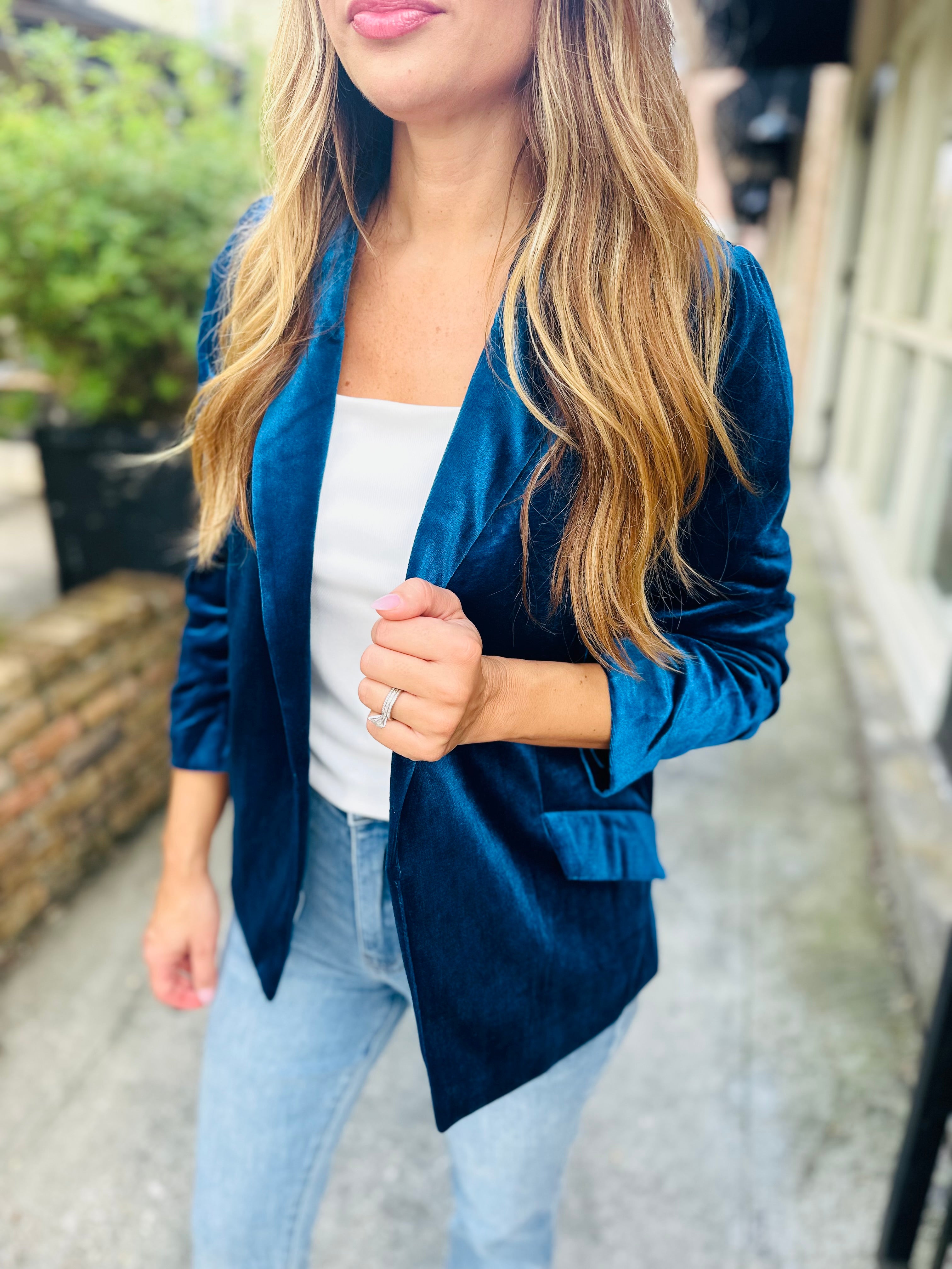 Ashley Velvet Blazer- Teal – Hazel Lane Boutique